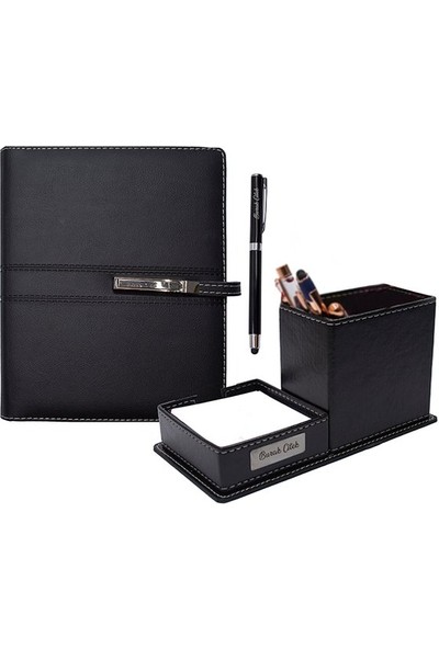 Hediye Rengi İsme Özel Organizerli Lüx 2022 Ajanda Masaüstü Kalemlik + Roller Kalem Seti Siyah
