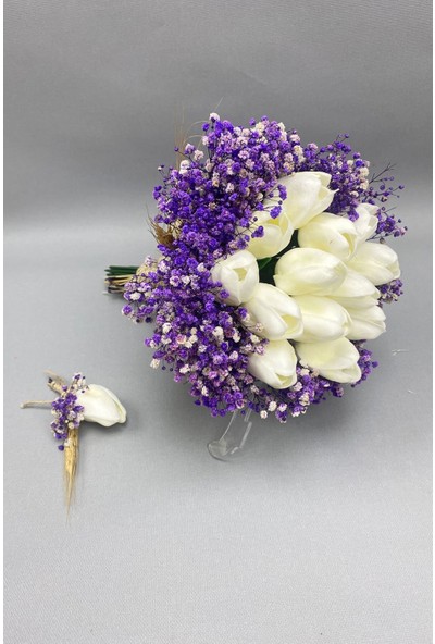 Hobigram Mor Kurutulmuş Çiçekli Beyaz Islak Laleli Gelin Buketi ve Damat Yaka Çiçeği