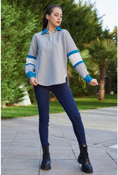 Lars Butik Kadın Gri Mavi Erkek Yaka Kolej Sweatshirt