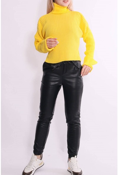 End Green Siyah Kargo Bağcıklı Deri Kadın Pantolon