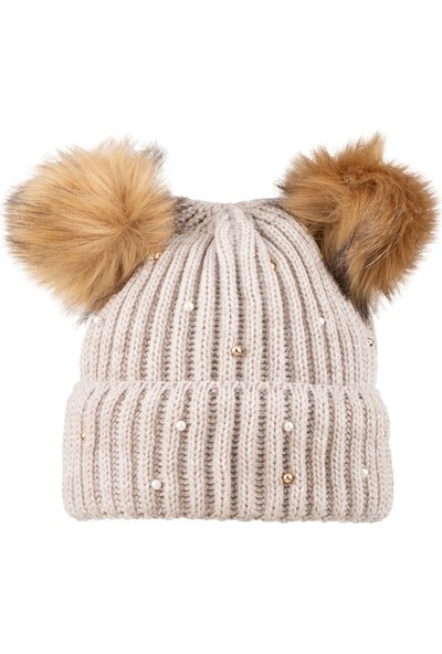 Bd Giyim Çift Ponponlu Taşlı Bere Kahve