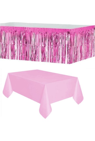Bal10 Dünyası Pembe Metalize Masa Eteği + Plastik Pembe Masa Örtüsü Bal10 Dünyası Pembe Metalize Masa Eteği + Plastik Pembe Masa Örtüsü