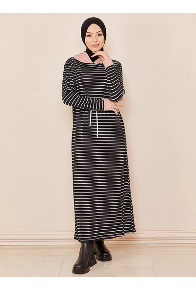 Tofisa Çizgili Kapüşonlu Elbise - Somon - Tofisa Tofisa Çizgili Kapüşonlu Elbise - Somon - Tofisa