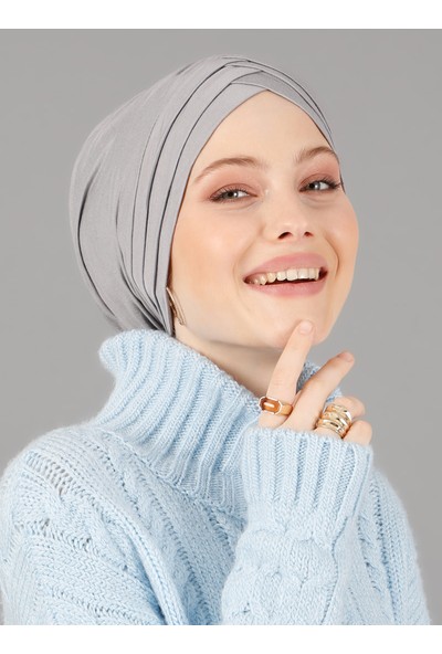 Mervin Şal 3 Bantlı Jersey Viskon Hazır Türban - Gümüş - Mervin Şal