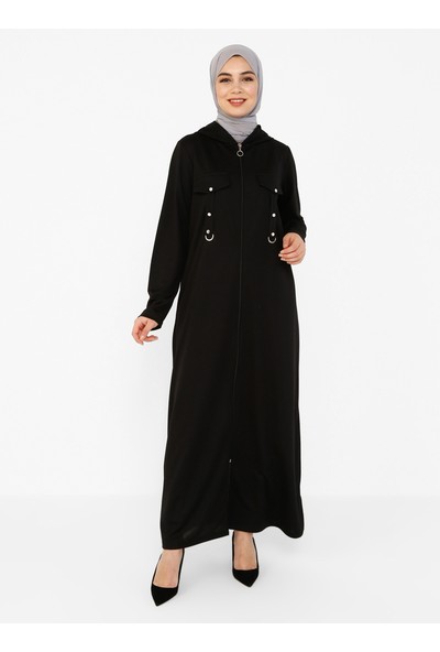 Tavin Kapüşonlu Yanları Yırtmaçlı Kap - Siyah - Tavin