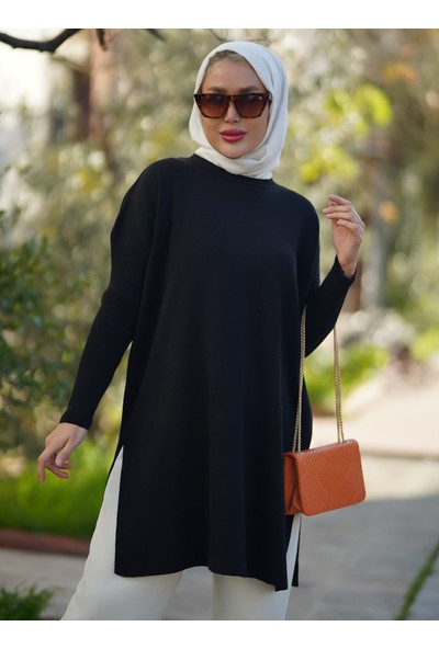 Por La Cara Dolu Iğne Kolları Fitilli Yandan Yırtmaçlı Uzun Triko Tunik - Siyah - Por La Cara Por La Cara Dolu Iğne Kolları Fitilli Yandan Yırtmaçlı Uzun Triko Tunik - Siyah - Por La Cara