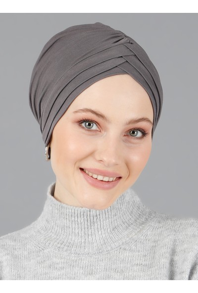Mervin Şal 3 Bantlı Jersey Viskon Hazır Türban - Gri - Mervin Şal