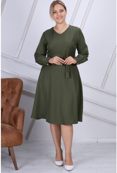 May Mara Kadın Bağlama Detaylı V Yaka Uzun Kol Midi Boy Büyük Beden Elbise 4344/110