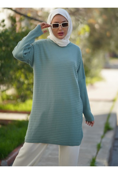 Por La Cara Links Örgü Kolları Salaş Fitilli Triko Tunik - Çağla - Por La Cara
