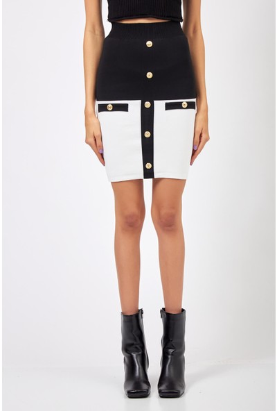 Coral Düğmeli Cep Detaylı Iki Renk Etek Siyah
