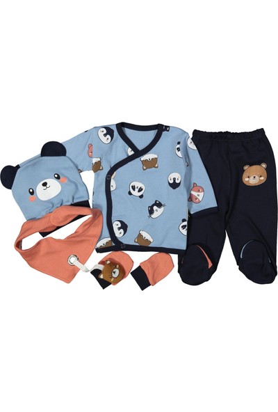 Necix’s Animals Baskılı Kulaklı Penye 5 Parça Pamuk Mavi Unisex Bebek Hastane Çıkışı Zıbın Seti