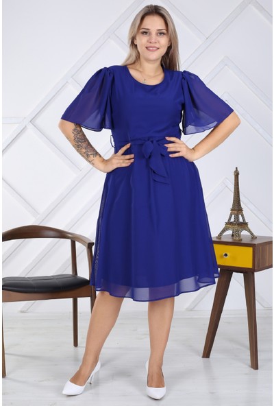 May Mara Kadın Büyük Beden Bağlama Detaylı Midi Şifon Elbise 4257/110