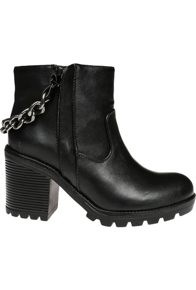 Limon Kalın Toğuklu Zincir Detaylı Siyah Kadın Bot