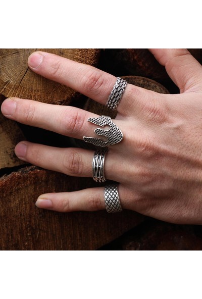 Beyloc Antik Gümüş Kaplama Ayarlanabilir Model Erkek Hasır Yüzük Seti