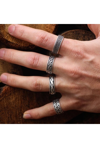 Beyloc Antik Gümüş Kaplama Ayarlanabilir Alyanslar Model Erkek Yüzük Seti
