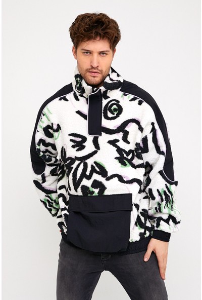 Breezy Karalama Pano Baskılı Yarım Balıkçı Kanguru Cepli Sweatshirt Peluş