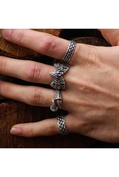 Beyloc Antik Gümüş Kaplama Ayarlanabilir Model Erkek Kartal Yüzük Seti Beyloc Antik Gümüş Kaplama Ayarlanabilir Model Erkek Kartal Yüzük Seti