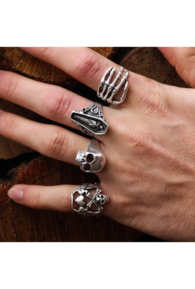 Beyloc Antik Gümüş Kaplama Ayarlanabilir Model Erkek Kurukafa Yüzük Seti