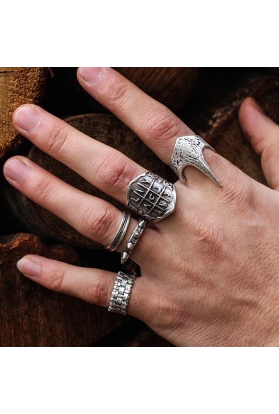 Beyloc Antik Gümüş Kaplama Ayarlanabilir Model Erkek Zihgir Yüzük Seti