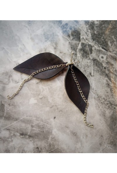 Blue&soul Yaprak Tasarım Zincirli Küpe %100 Deri