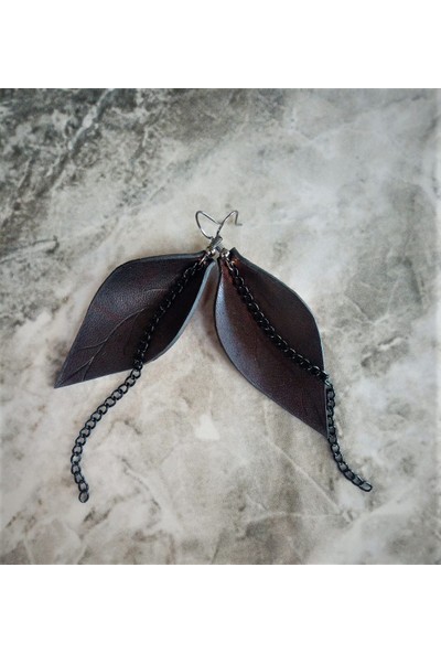 Blue&soul Yaprak Tasarım Zincirli Küpe %100 Deri