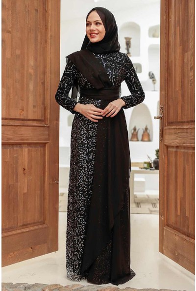 Tesettürlü Abiye Elbise - Pul Payet Gümüş Tesettür Abiye Elbise 56180GMS