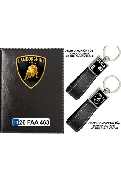 Promosyon Denizi Plakanıza Özel Lamborghını Logolu Siyah Ruhsat Kabı ve Anahtarlık
