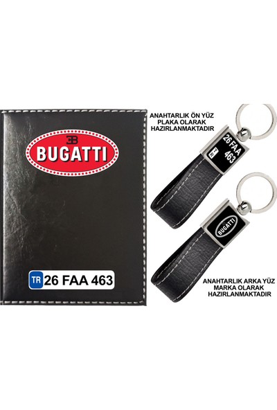 Promosyon Denizi Plakanıza Özel Bugattı Siyah Ruhsat Kabı ve Anahtarlık