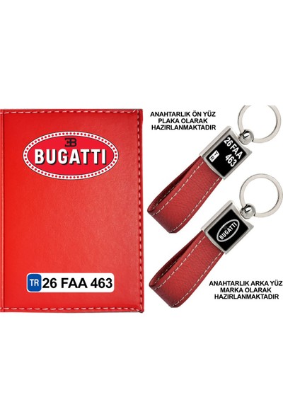 Promosyon Denizi Plakanıza Özel Bugattı Logolu Kırmızı Ruhsat Kabı ve Anahtarlık