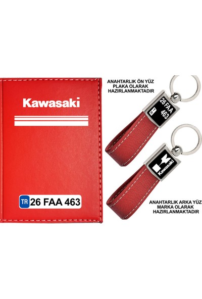 Promosyon Denizi Plakanıza Özel Kavasakı Logolu Kırmızı Ruhsat Kabı ve Anahtarlık