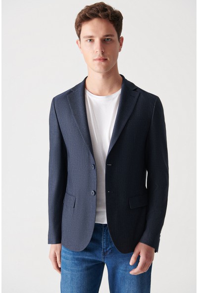 Avva Erkek Lacivert Mono Yaka Düz Slim Fit Kapaklı Cepli Ceket A12Y4044