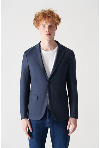Avva Erkek Lacivert Mono Yaka Düz Slim Fit Kapaklı Cepli Ceket A12Y4048