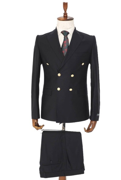 Dewsa Plus Sivri Yaka Metal Düğmeli Çift Yırtmaç Slimfit Düz Siyah Kruvaze Takım Elbise Dewsa Plus Sivri Yaka Metal Düğmeli Çift Yırtmaç Slimfit Düz Siyah Kruvaze Takım Elbise