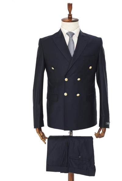 Dewsa Plus Sivri Yaka Metal Düğmeli Çift Yırtmaç Slimfit Düz Lacivert Kruvaze Takım Elbise Dewsa Plus Sivri Yaka Metal Düğmeli Çift Yırtmaç Slimfit Düz Lacivert Kruvaze Takım Elbise