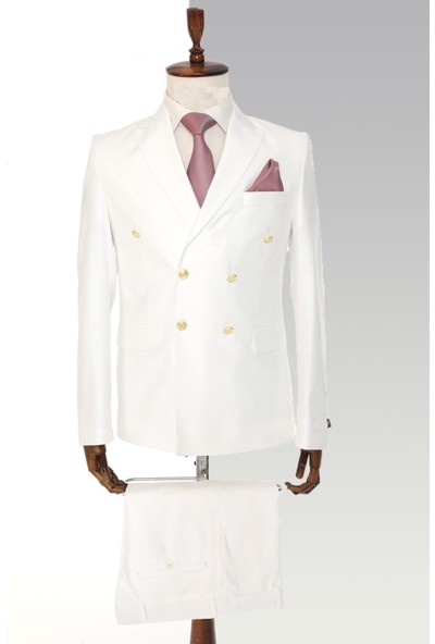 Dewsa Plus Sivri Yaka Metal Düğmeli Çift Yırtmaç Slimfit Düz Beyaz Kruvaze Takım Elbise Dewsa Plus Sivri Yaka Metal Düğmeli Çift Yırtmaç Slimfit Düz Beyaz Kruvaze Takım Elbise