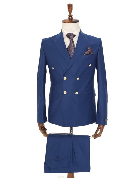 Dewsa Plus Sivri Yaka Metal Düğmeli Çift Yırtmaç Slimfit Düz Mavi Kruvaze Takım Elbise Dewsa Plus Sivri Yaka Metal Düğmeli Çift Yırtmaç Slimfit Düz Mavi Kruvaze Takım Elbise