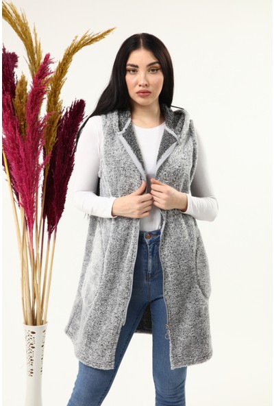 Nursey Peluş Kapüşonlu Uzun Yelek - Gri