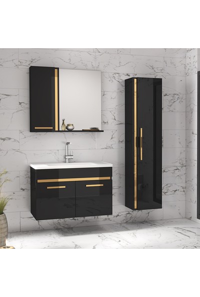Alfa Banyo Yeni Gold Siyah (80+35) 115 cm Boy Dolaplı Banyo Takımı