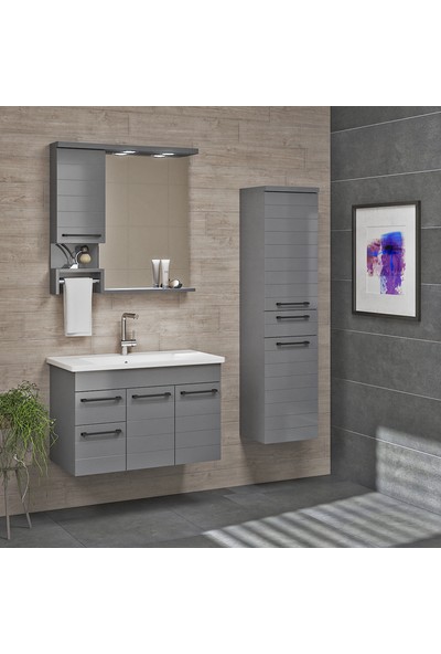 Alfa Banyo Okyanus (80+35) 115 cm Boy Dolaplı Lüx Banyo Takımı Antrasit