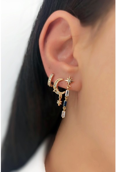 ÇLK Accessories 3 Lü Lacivert Zirkon Taşlı Ay Yıldız Küpe Kombin TRKÜPE34320 YB34503