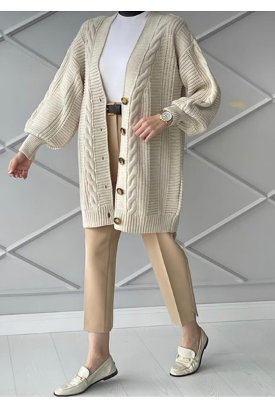 Vivoon Kadın Taş Rengi Uzun Kalın Saç Örgülü Triko Hırka Vivoon Kadın Taş Rengi Uzun Kalın Saç Örgülü Triko Hırka