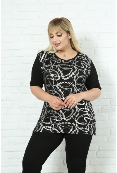 ModaSehle Kadın Siyah Zincir Desenli Büyük Beden T-Shirt ModaSehle Kadın Siyah Zincir Desenli Büyük Beden T-Shirt