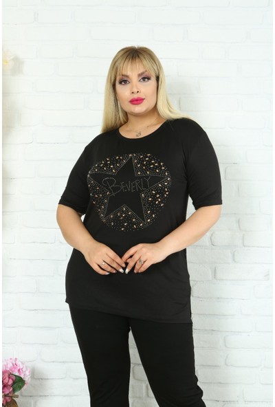 ModaSehle Kadın Siyah Taşlı Büyük Beden T-Shirt ModaSehle Kadın Siyah Taşlı Büyük Beden T-Shirt