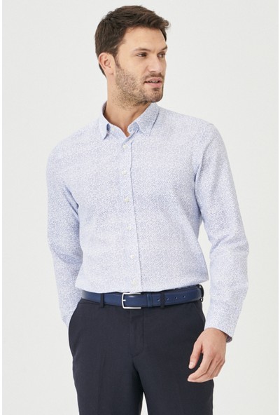 Ac&Co / Altınyıldız Classics Erkek Beyaz Lacı Slim Fit Dar Kesim Düğmeli Yaka Baskılı Gömlek