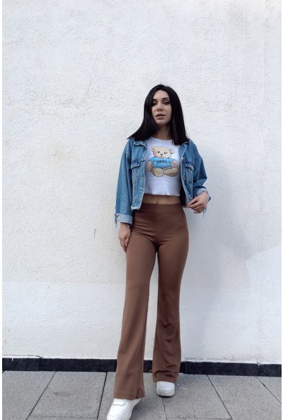 İksora Kadın Kahverengi İspanyol Paça Likralı Pantolon