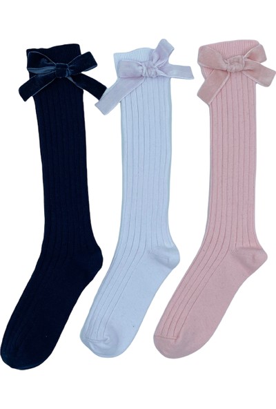 Kız Çocuk Çorap Dizaltı Kurdeleli Çizgili 3'lü Set
