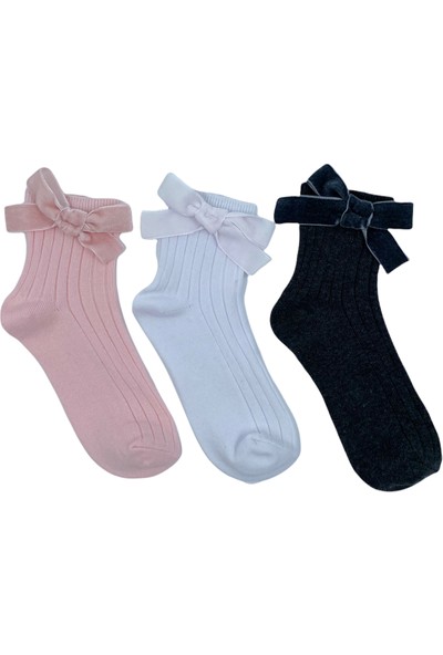 Kız Çocuk Çorap Kurdeleli Çizgili 3'lü Set