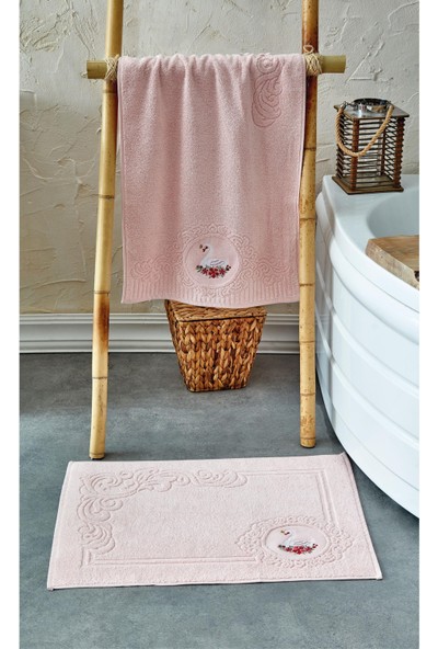 Tekstil Sepeti Kuğu Motifli El Havlusu & Ayak Havlusu 2'Li Set Pudra