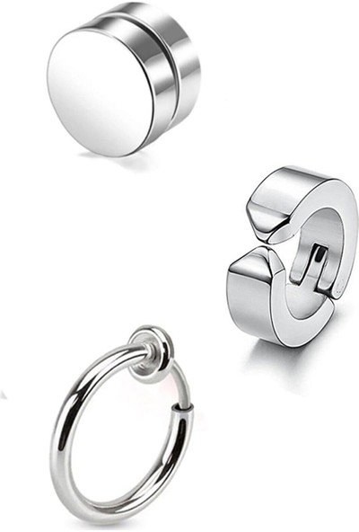 The Collection Unisex Gümüş 3 Adet Deliksiz Sıkıştırmalı Mıknatıslı Çelik Küpe Set