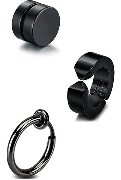 The Collection Unisex Siyah 3 Adet Deliksiz Sıkıştırmalı Mıknatıslı Çelik Küpe Set